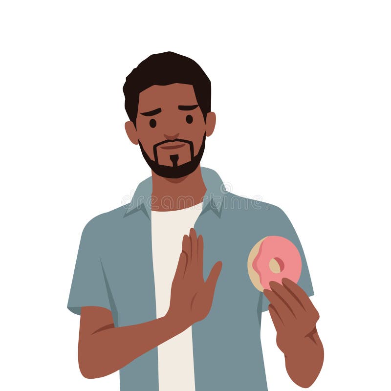 Man with a Hesitant Expression Holds a Donut, His Hand in Refusal ...