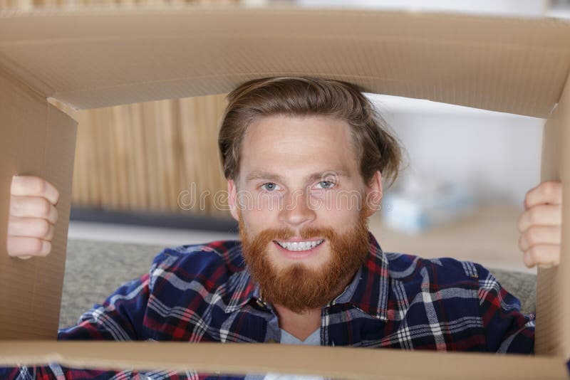 Man Hides Face Inside Cardboard Box Stock Photo - Image of post ...