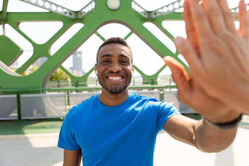 Man High Five on Camera during Outdoor Workout Stock Photo - Image of ...