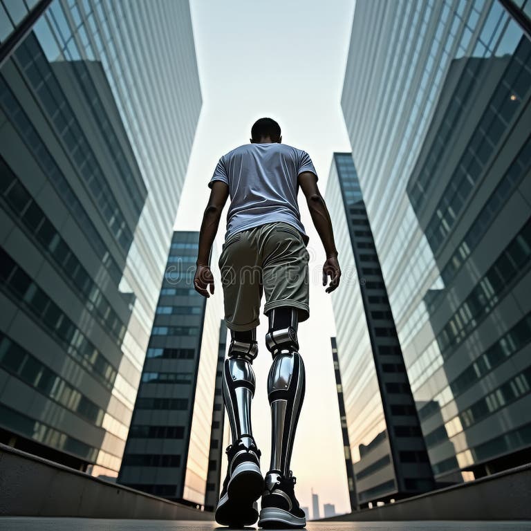 A Man with High-tech Bionic Prosthetics instead of Legs, Made of Silver ...