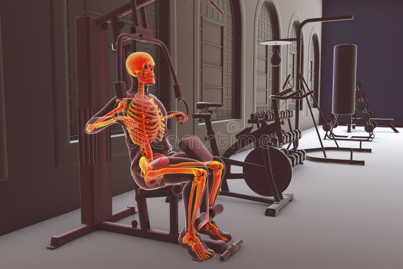 Man with Highlighted Skeleton Training on Hammer Strength Macine ...