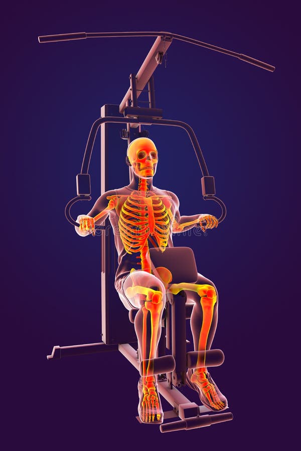 Man with Highlighted Skeleton Training on Hammer Strength Macine ...