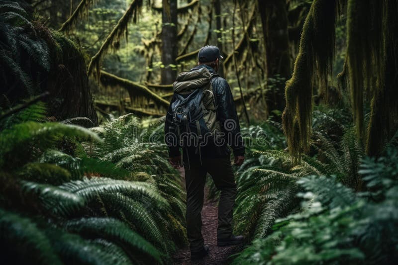 Man Hike on Green Jungle Forest , Active Lifestyle Study Nature ...