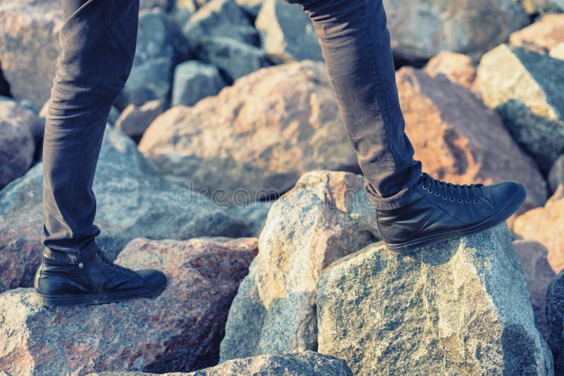 Man Hiker Legs Standing on Mountain Stone Peak Rock Stock Photo - Image ...
