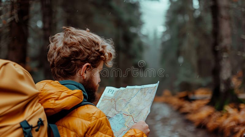 A Man Hiker Navigating a Summer Forest Trail with Backpack and Map, the ...