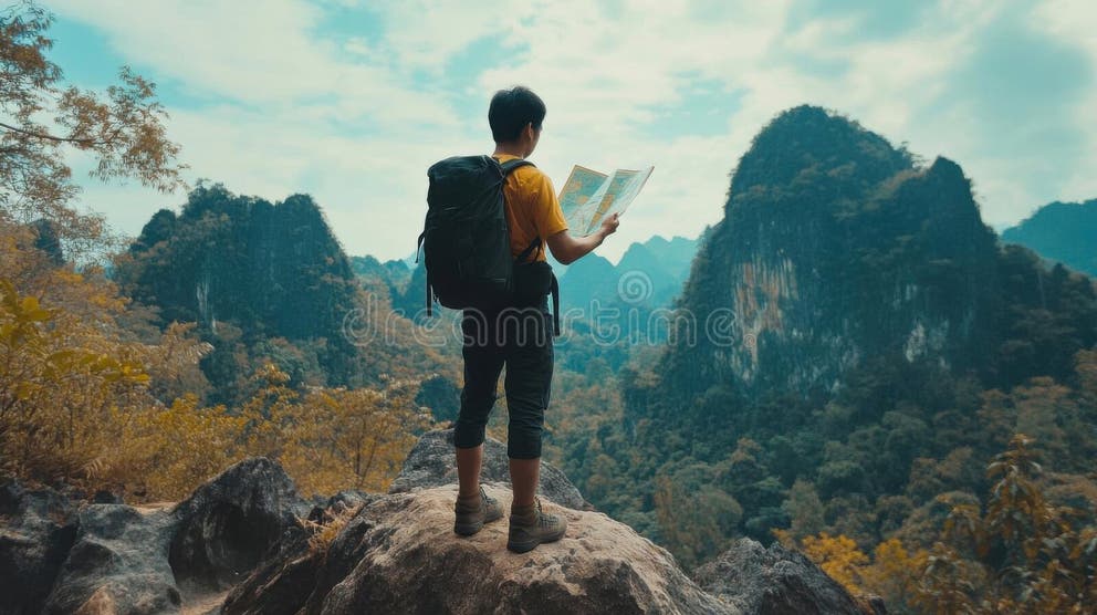 Man Hikes through Mountains, Reading a Map for Navigation and ...