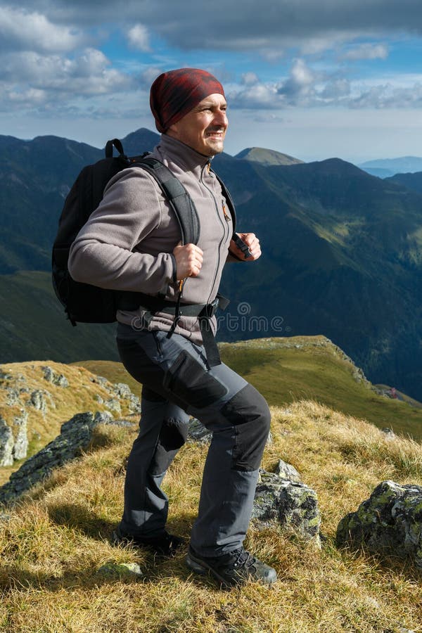 Hiker with Backpack on Mountains Stock Image - Image of high, active ...