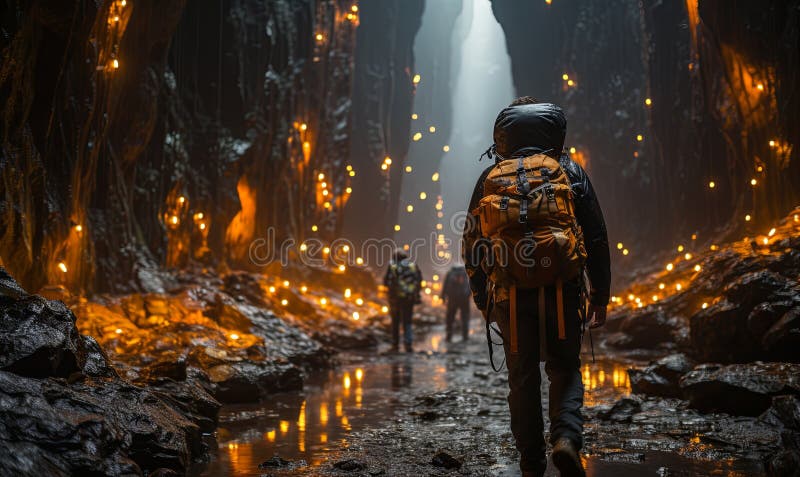 Man Hiking through Cave stock image. Image of underground - 341407079