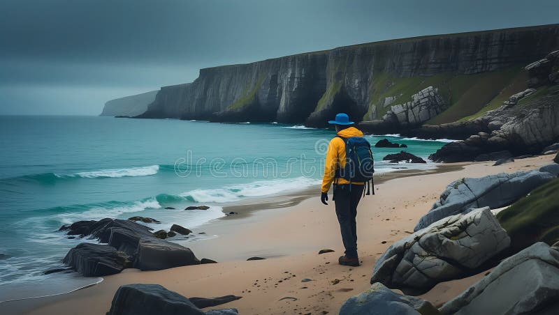 Man Hiking on a Coastal Beach with Dramatic Cliffs Stock Illustration ...