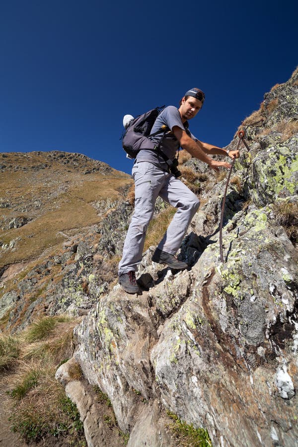 Man Hiking on Difficult Mountain Trail Stock Photo - Image of mountain ...