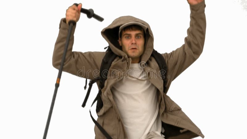 Man with a Hiking Stick Jumping on White Screen Stock Footage - Video ...