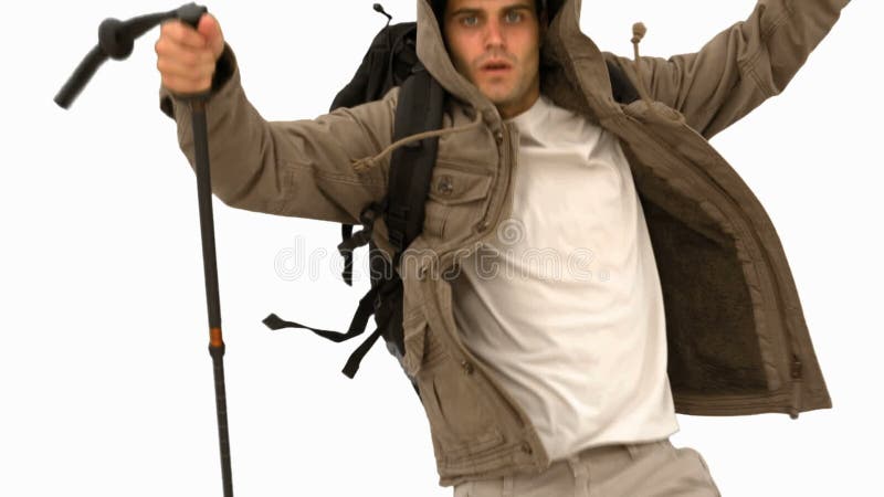 Man with a Hiking Stick Running on Green Screen Stock Video - Video of ...