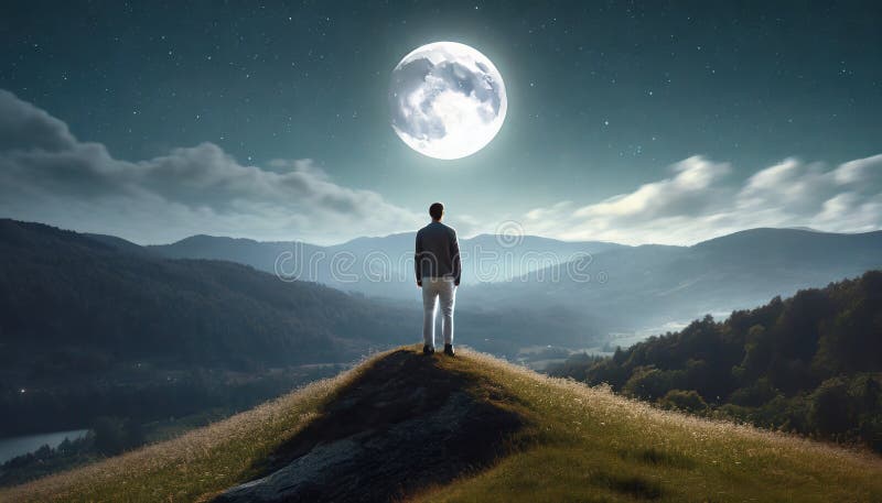 Man on Hill Watching Full Moon Stock Illustration - Illustration of ...
