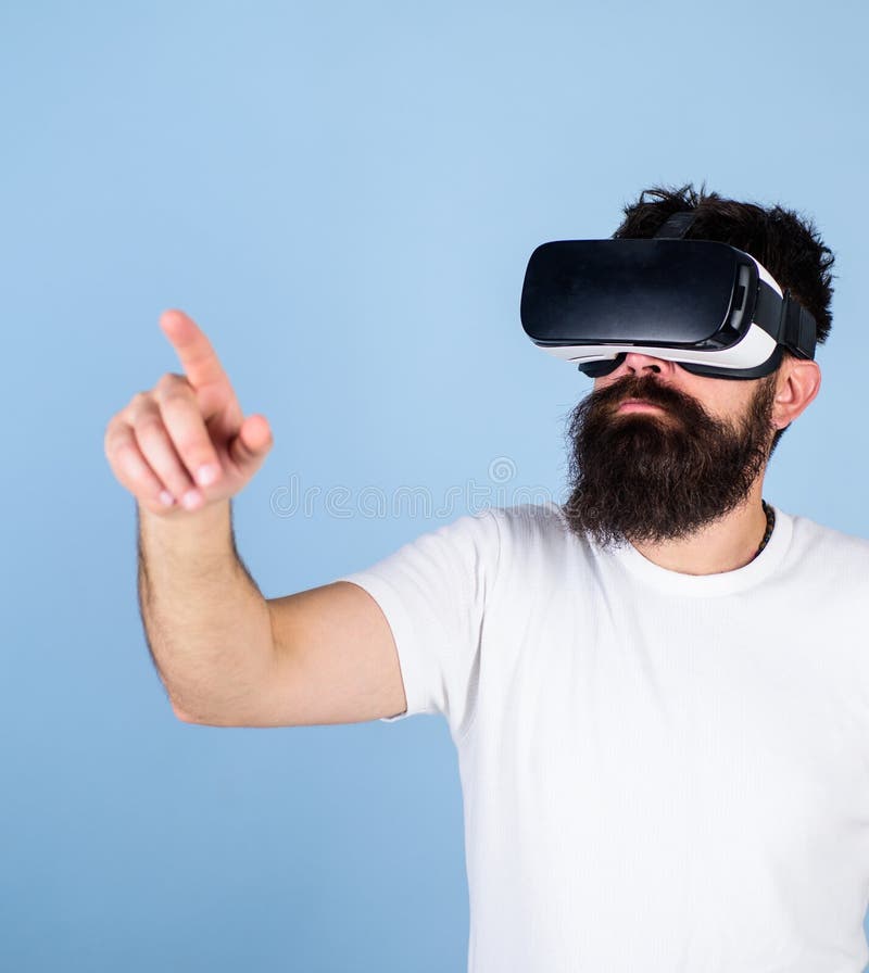 Man with Hipster Beard in VR Glasses Using Digital Touch Screen ...