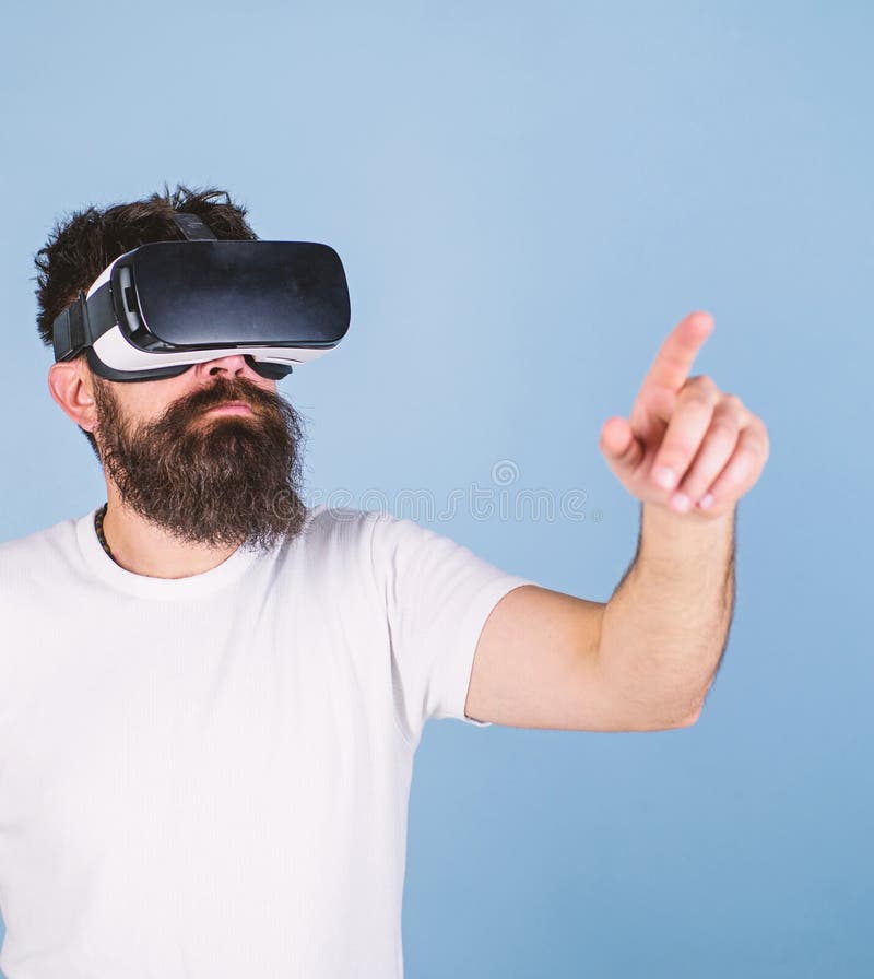 Man with Hipster Beard in VR Glasses Using Digital Touch Screen ...