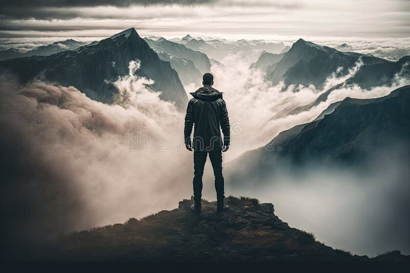 Man, with His Back To the Camera, Standing on Mountaintop Surrounded by ...