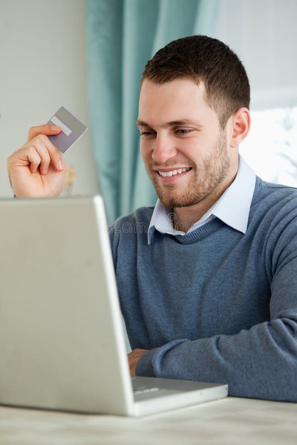 Man with His Credit Card on His Laptop Stock Image - Image of lifestyle ...