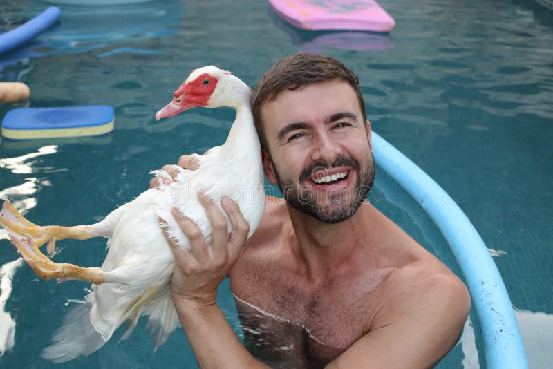Man and His Cute Duck Pet on Vacations Together Stock Image - Image of ...