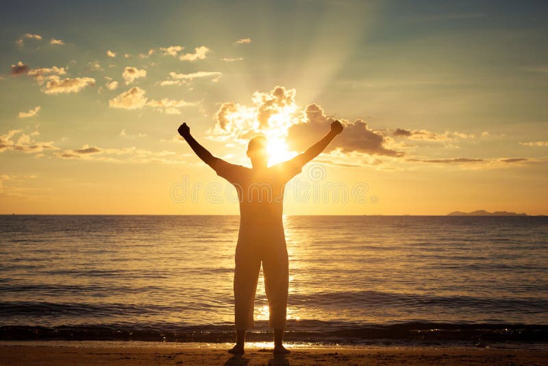 Man with His Hands Up at the Sunset Time Stock Photo - Image of ...