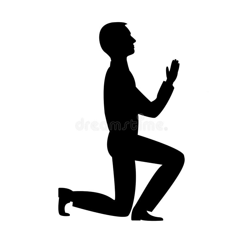 Man on His Knees Prays with Hands Up, Black Silhouette. Vector ...