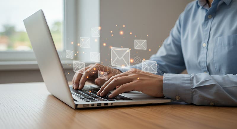 Man in His 30s Working on Laptop, Sending and Receiving Email in a ...