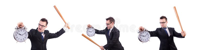 Man Hitting the Clock with Baseball Bat Isolated on the White Stock ...