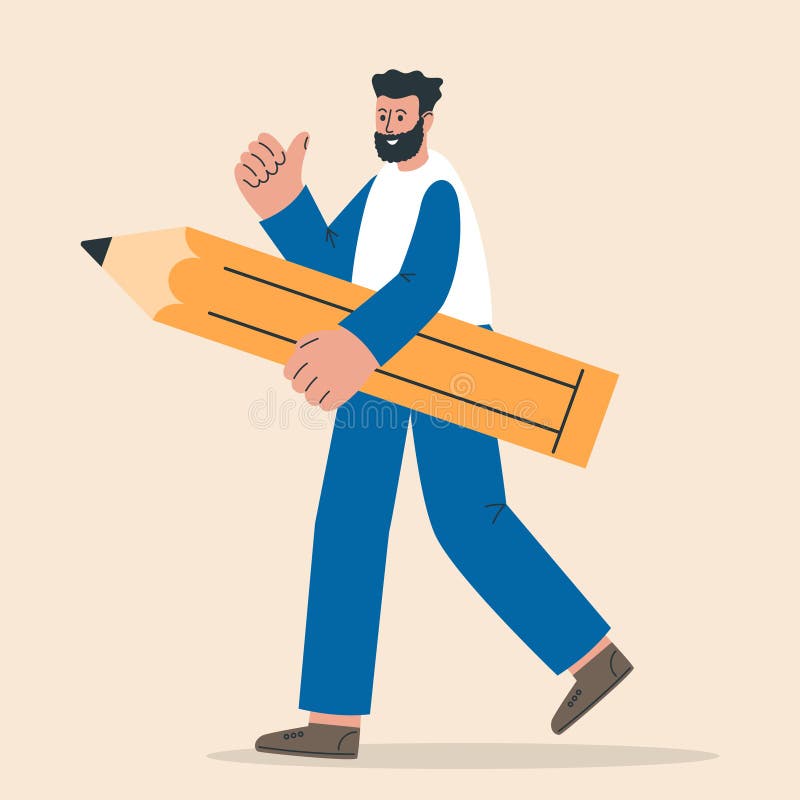 Man Hold Big Pencil. Creative Character Process Organization Stock ...