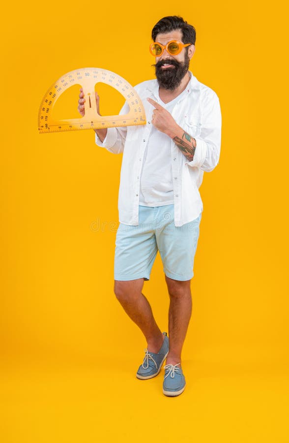 Man Hold Geometry Protractor on Background, Point Finger. Photo of Man ...