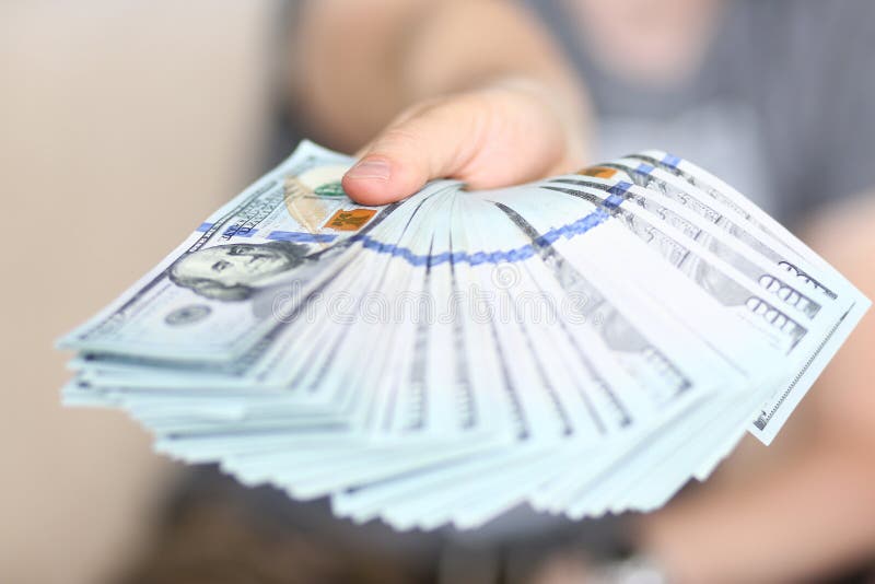 Man Hold in Hand Big Fat Pack of US Money Stock Image - Image of ...