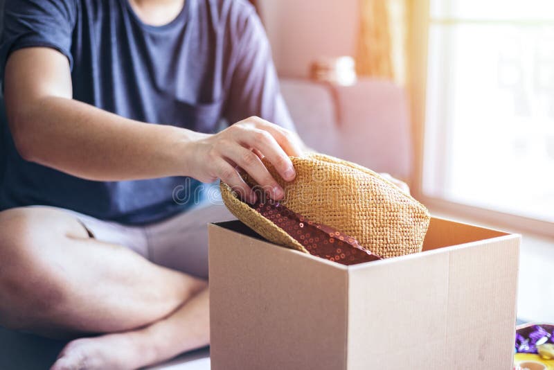 Man Hold Hat into the Box for Gift. Stock Photo - Image of house, order ...