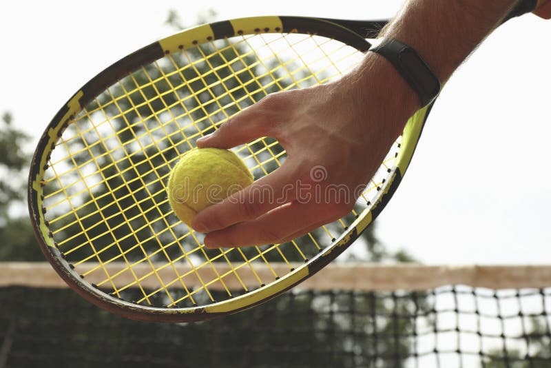 Man Hold Racket and Tennis Ball, Close Up Stock Image - Image of hold ...