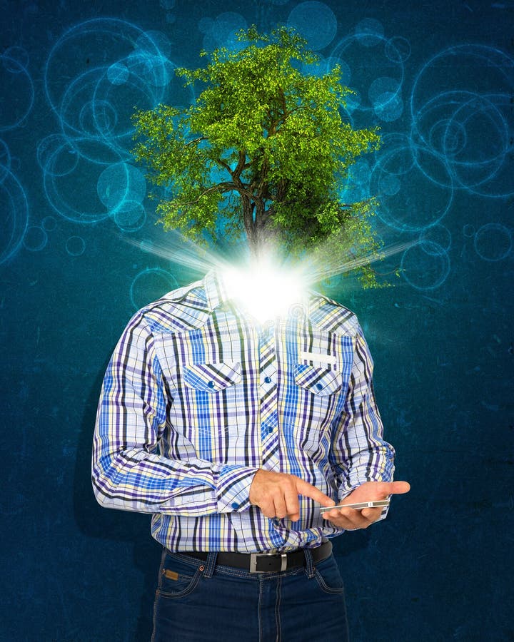 Man Hold Smart Phone. Green Tree instead His Head Stock Photo - Image ...