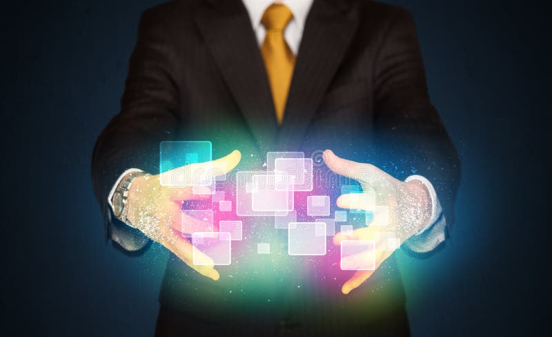 Man holding abstract icons stock photo. Image of businessman - 72281212