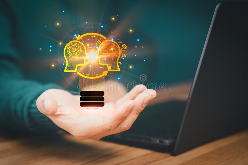 Man Holding Abstract Light Bulb Icon while Working on Computer Thinking ...