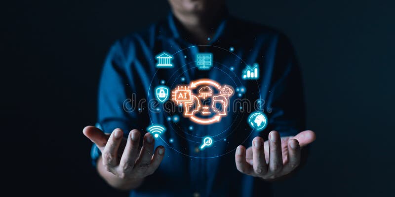 Man Holding Ai Auto Chat Bot. Big Data Center Storage.Digital ...
