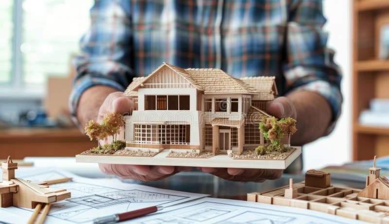 Man Holding an Architectural Model of House with House Plans Stock ...