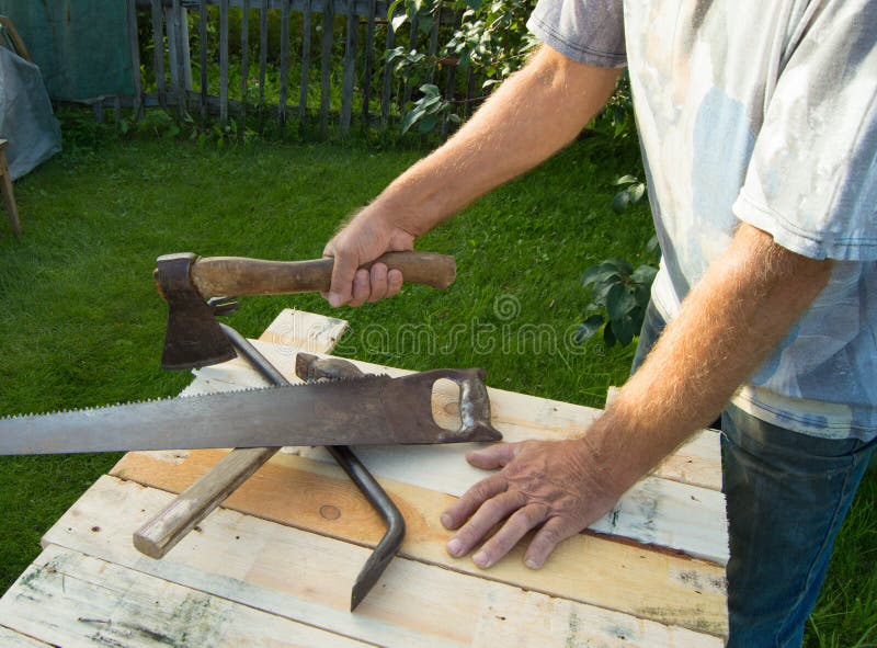 Man Holding the Axe, Working with Construction Tools in His Garden ...