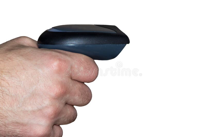 Man is Holding Barcode Scanner in Hand on White Background. Close Up of ...