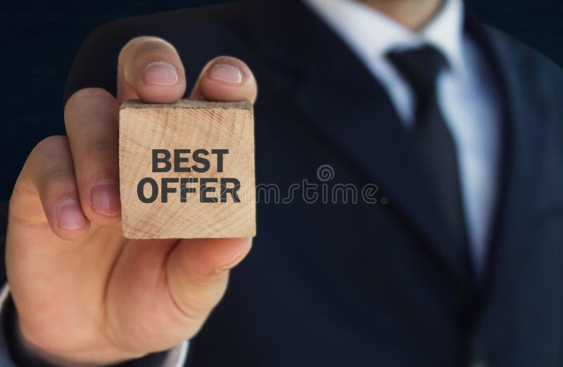 Man Holding Best Offer Text on a Wood Cube. Stock Image - Image of wood ...