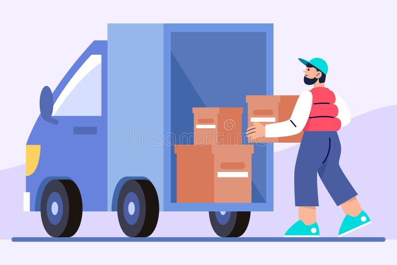 Man Holding Big Box and Loading Parcels into Truck. Worker Helping ...