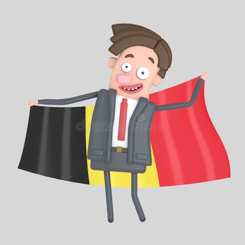 Man Holding a Big Flag of Belgium. 3D Illustration. Stock Illustration ...