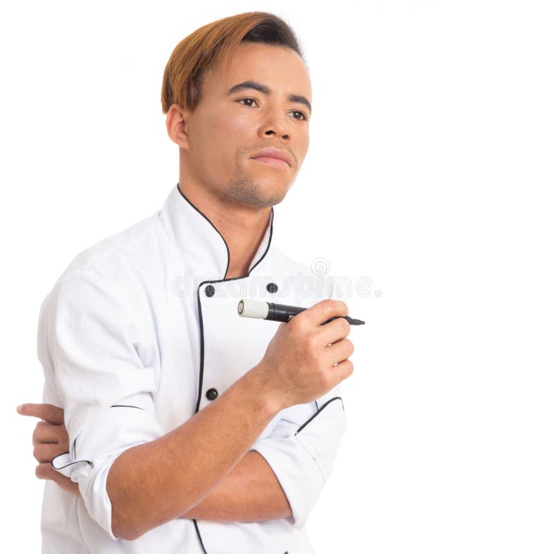 Man Makes Note with Black Permanent Pen. Cook Wearing Work Uniform ...