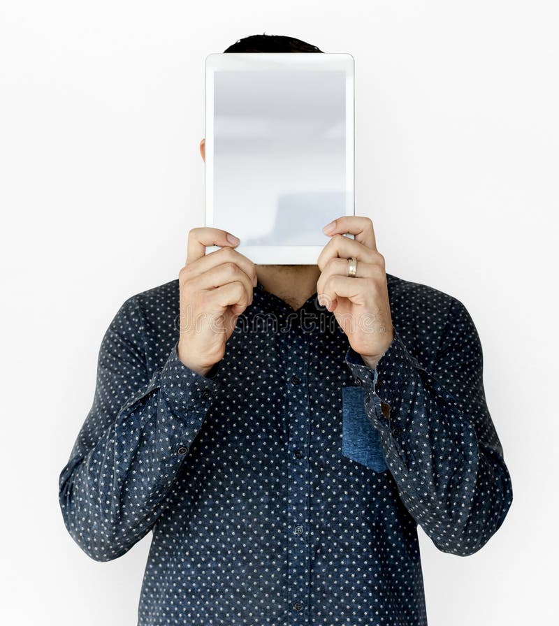 Man Holding Blank Digital Tablet Cover Face Studio Portrait Stock Image ...