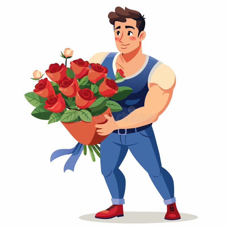 A Man is Holding a Bouquet of Red Roses. he is Smiling and Looking at ...