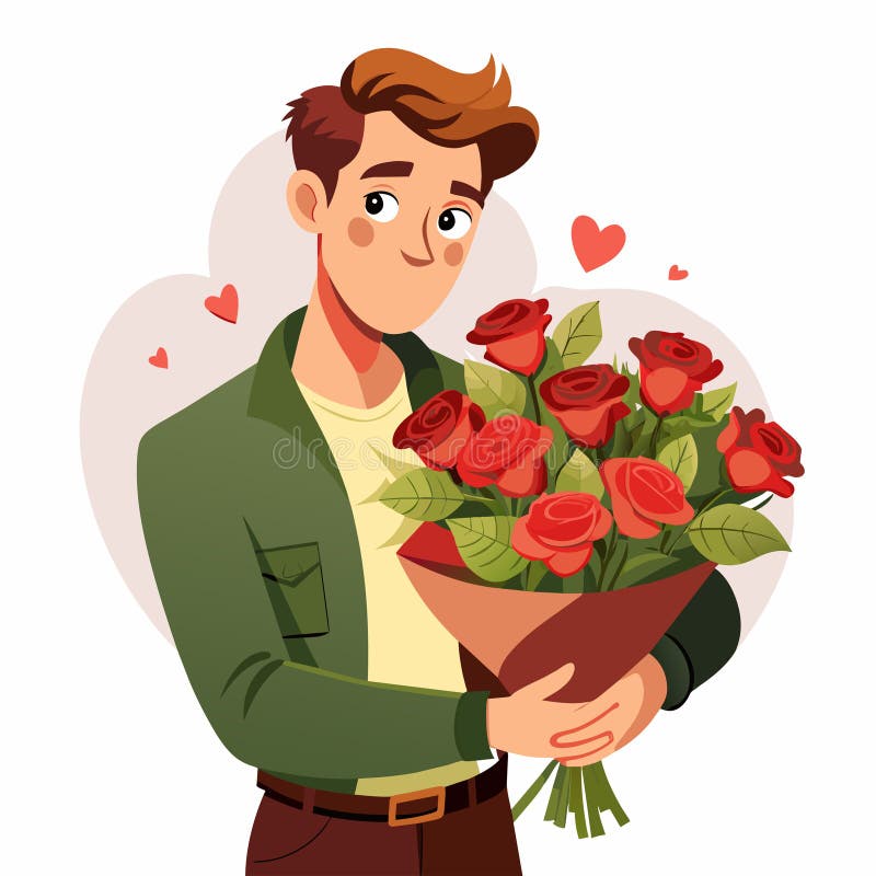 A Man is Holding a Bouquet of Red Roses. he is Smiling and Looking at ...