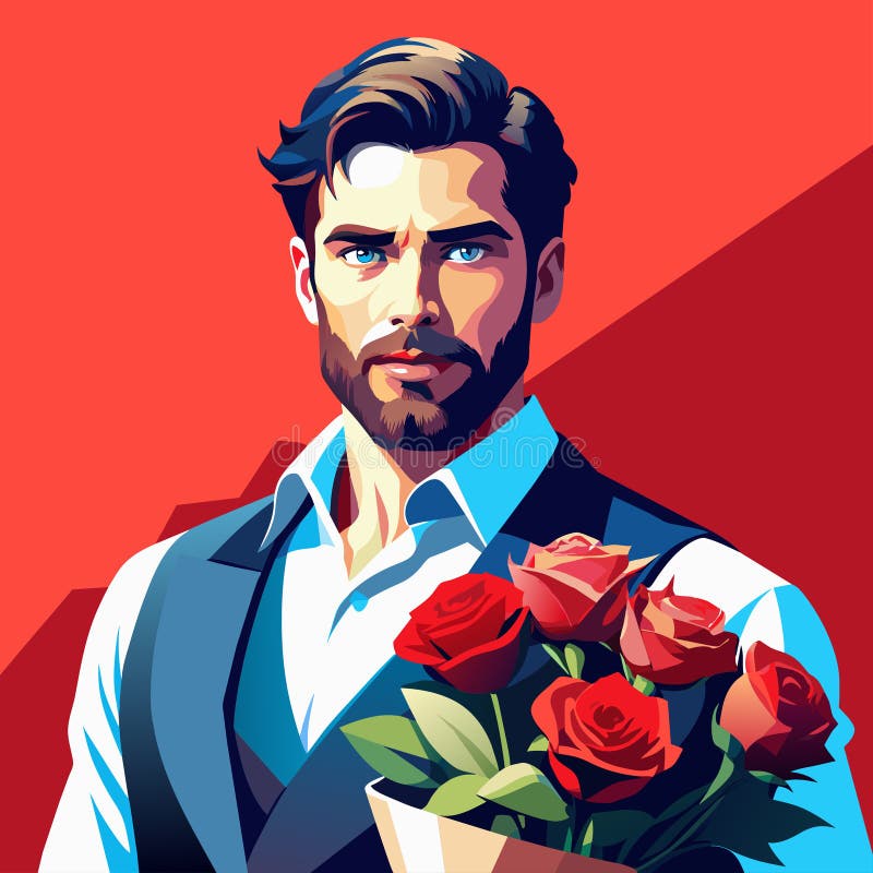 A Man is Holding a Bouquet of Red Roses. he is Smiling and Looking at ...