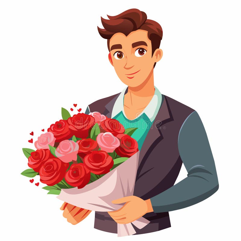A Man is Holding a Bouquet of Red Roses. he is Smiling and Looking at ...