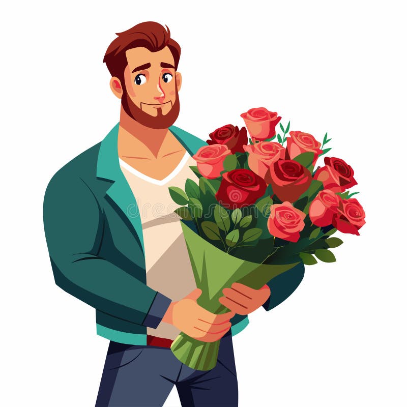 A Man is Holding a Bouquet of Red Roses. he is Smiling and Looking at ...