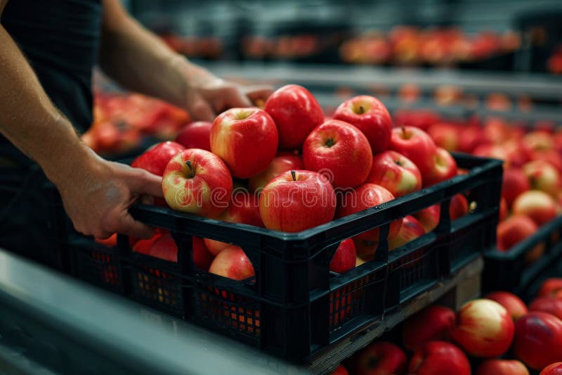 A Man Holding a Box with Fresh Apples in Factory. Generative AI Stock ...