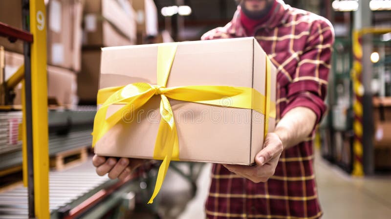 A Man Holding a Box Wrapped with a Yellow Ribbon Stock Illustration ...
